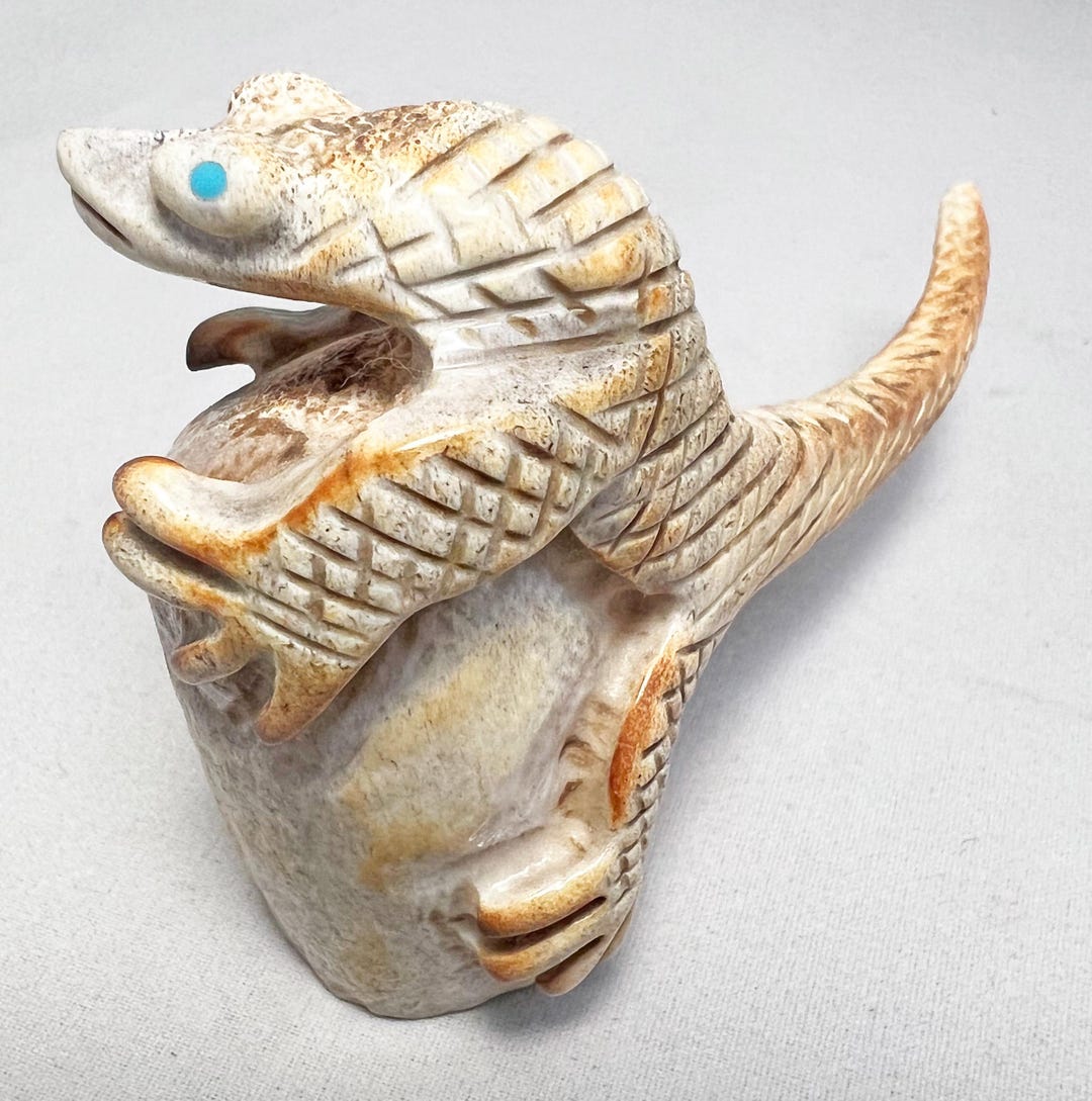 Elton Kaamasee Zuni Antler Carved Lizard on a Branch Inlay Turquoise ...