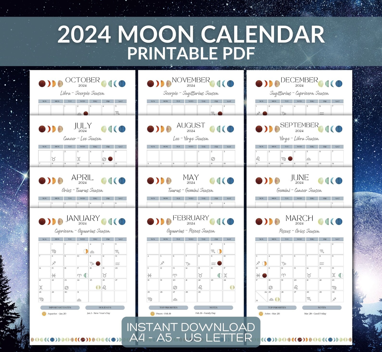2024 Moon Calendar, Printable Instant Download PDF, Colourful Lunar and ...