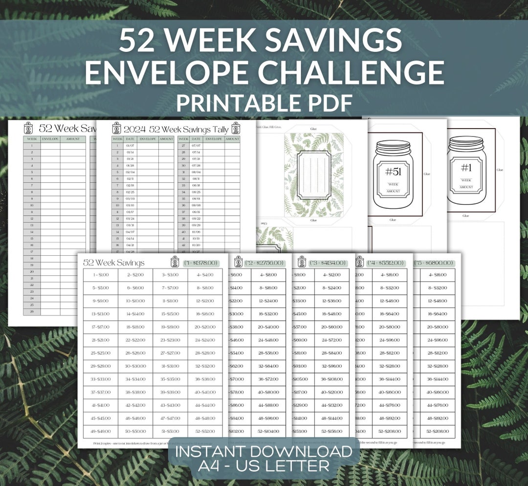 Printable 52 Week Envelope Savings Challenge Tracker, Instant Download ...