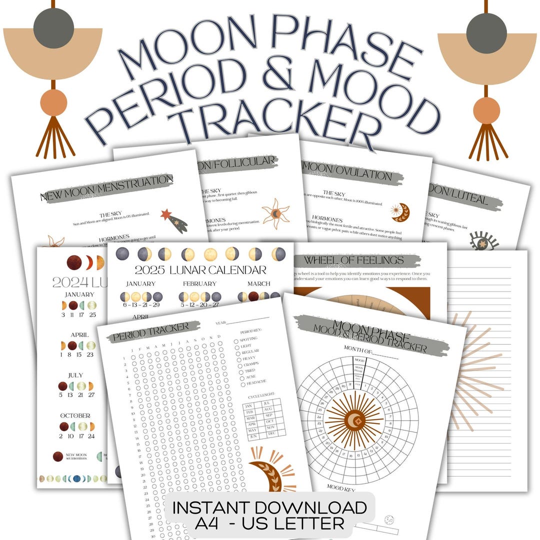Boho Moon Phase Mood and Period Tracker Printable, Monthly Mood Chart ...