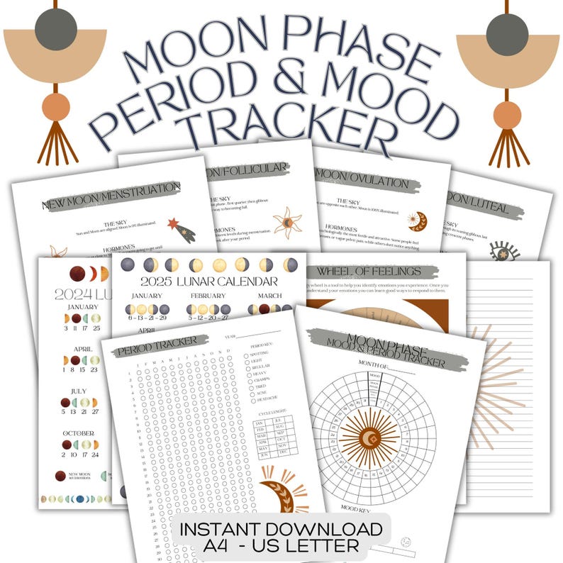 Boho Moon Phase Mood and Period Tracker Printable, Monthly Mood Chart ...