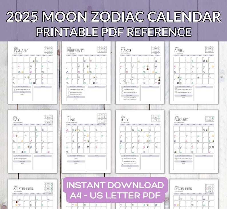 2025 Moon Calendar, Printable Instant Download PDF, Lunar and Astrology ...