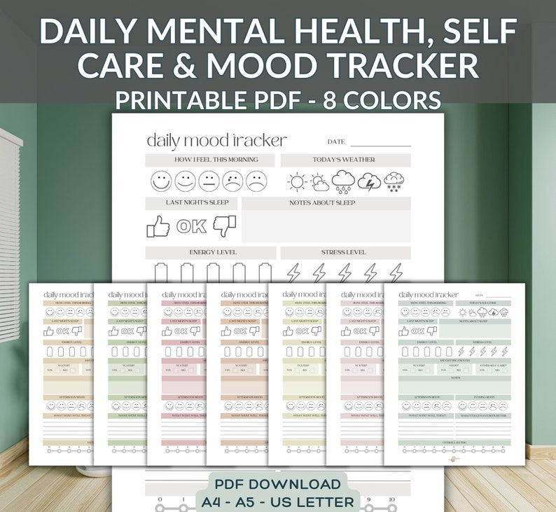 Daily Mood Tracker Printable: Self Care Journal (A4, A5, US Letter ...