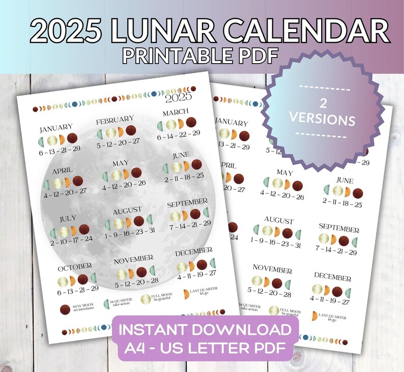 Mondkalender 2025 Poster, Mondphasen Referenzblatt, A4 PDF, Sofort ...