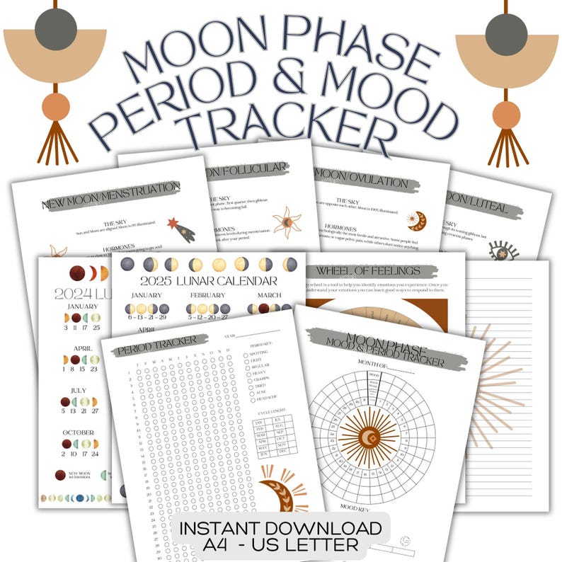 Boho Moon Phase Mood and Period Tracker Printable, Monthly Mood Chart ...
