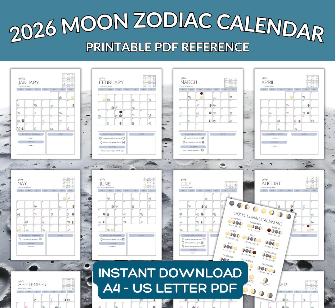 2026 Moon Calendar: Lunar & Astrology Planner (printable PDF) Eclipse ...