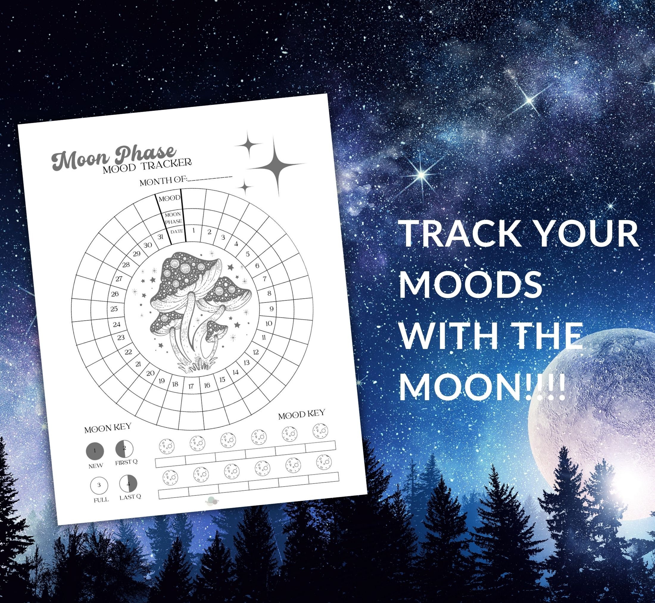 Mushroom Moon Phase Mood Tracker Printable, Circular Monthly Mood Chart ...