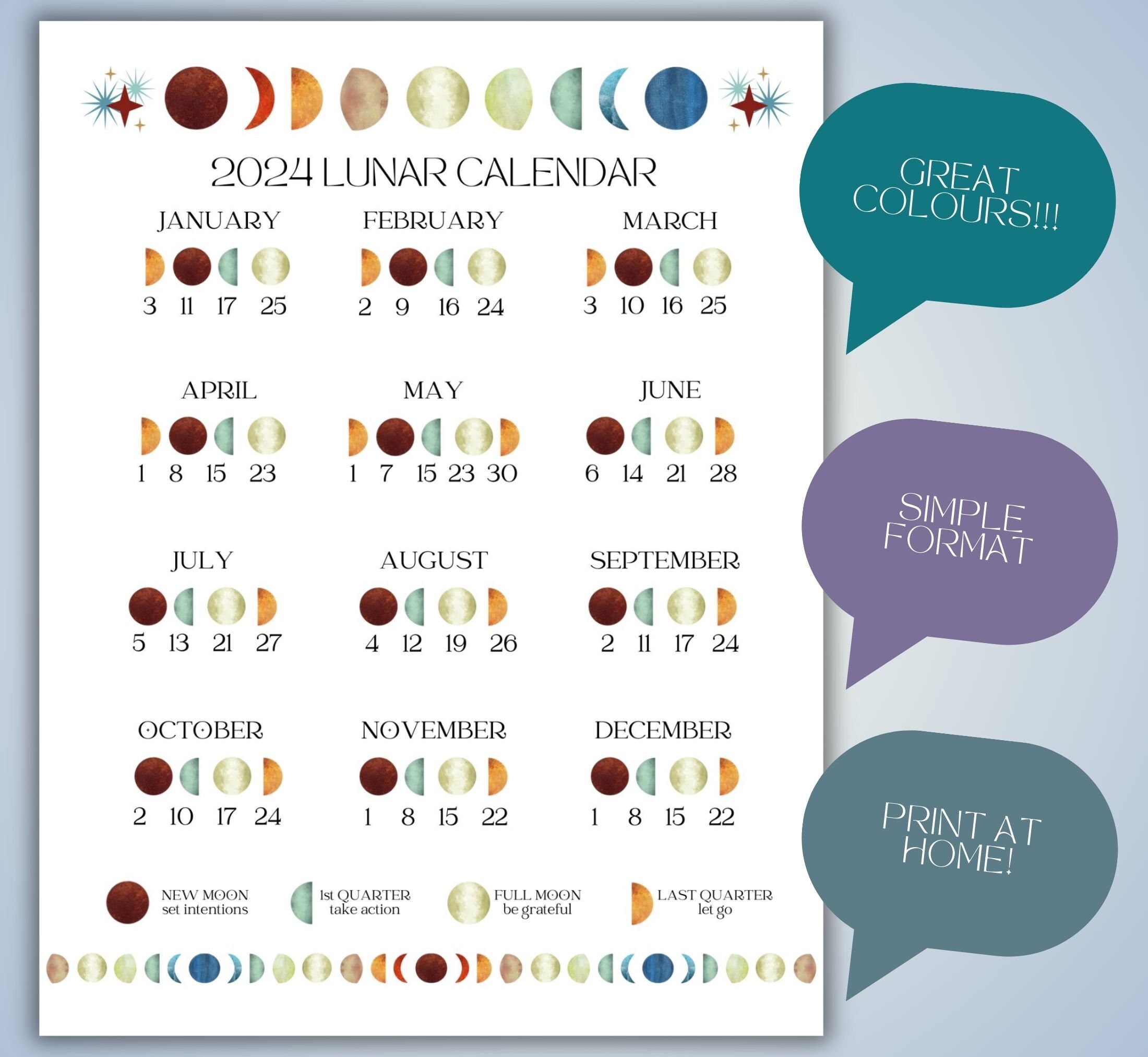 2024 Lunar Calendar Printable Poster With Moon Phase Dates in Retro ...