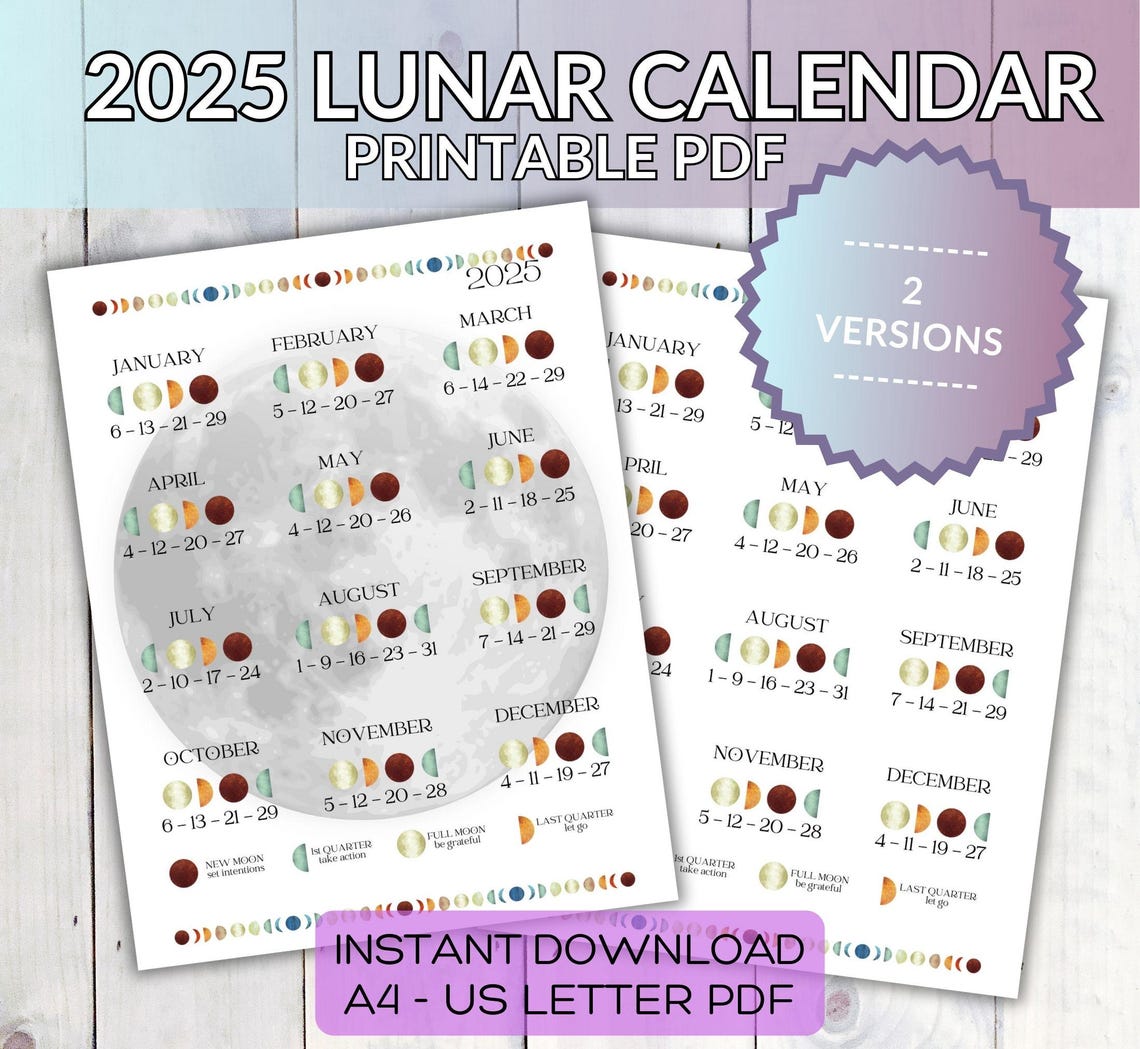 Mondkalender 2025 Poster, Mondphasen Referenzblatt, A4 PDF, Sofort ...