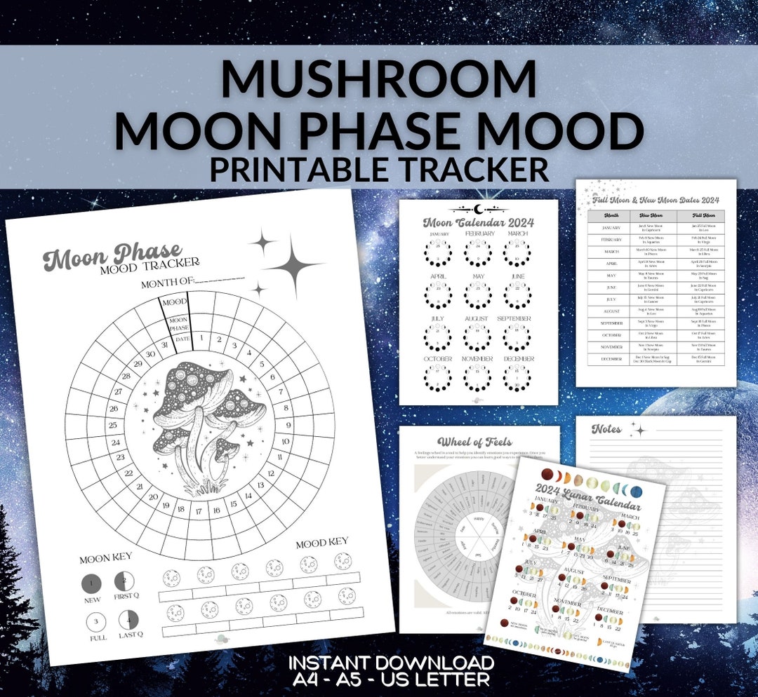 Mushroom Moon Phase Mood Tracker Printable, Circular Monthly Mood Chart ...