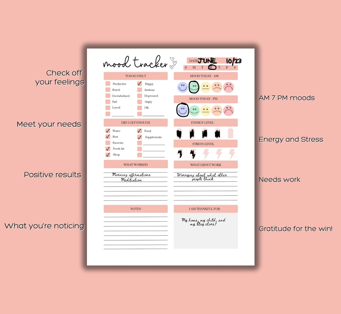 Daily Mood Tracker Printable Mental Health Journal Self Care Planner ...