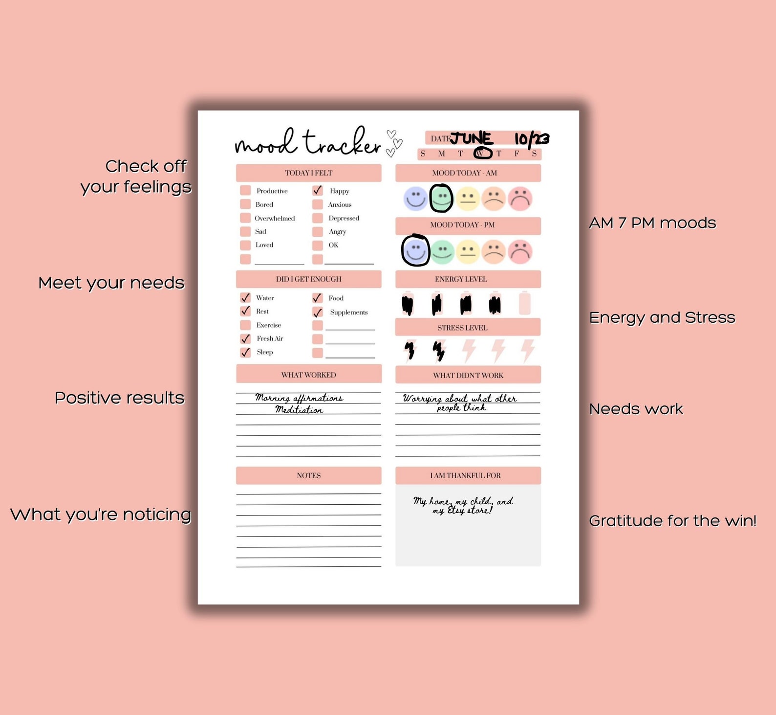 Daily Mood Tracker Printable Mental Health Journal Self Care Planner ...