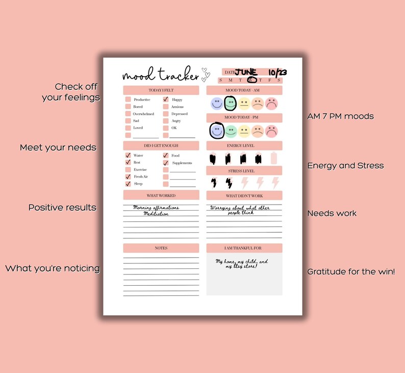 Daily Mood Tracker Printable Mental Health Journal Self Care Planner ...