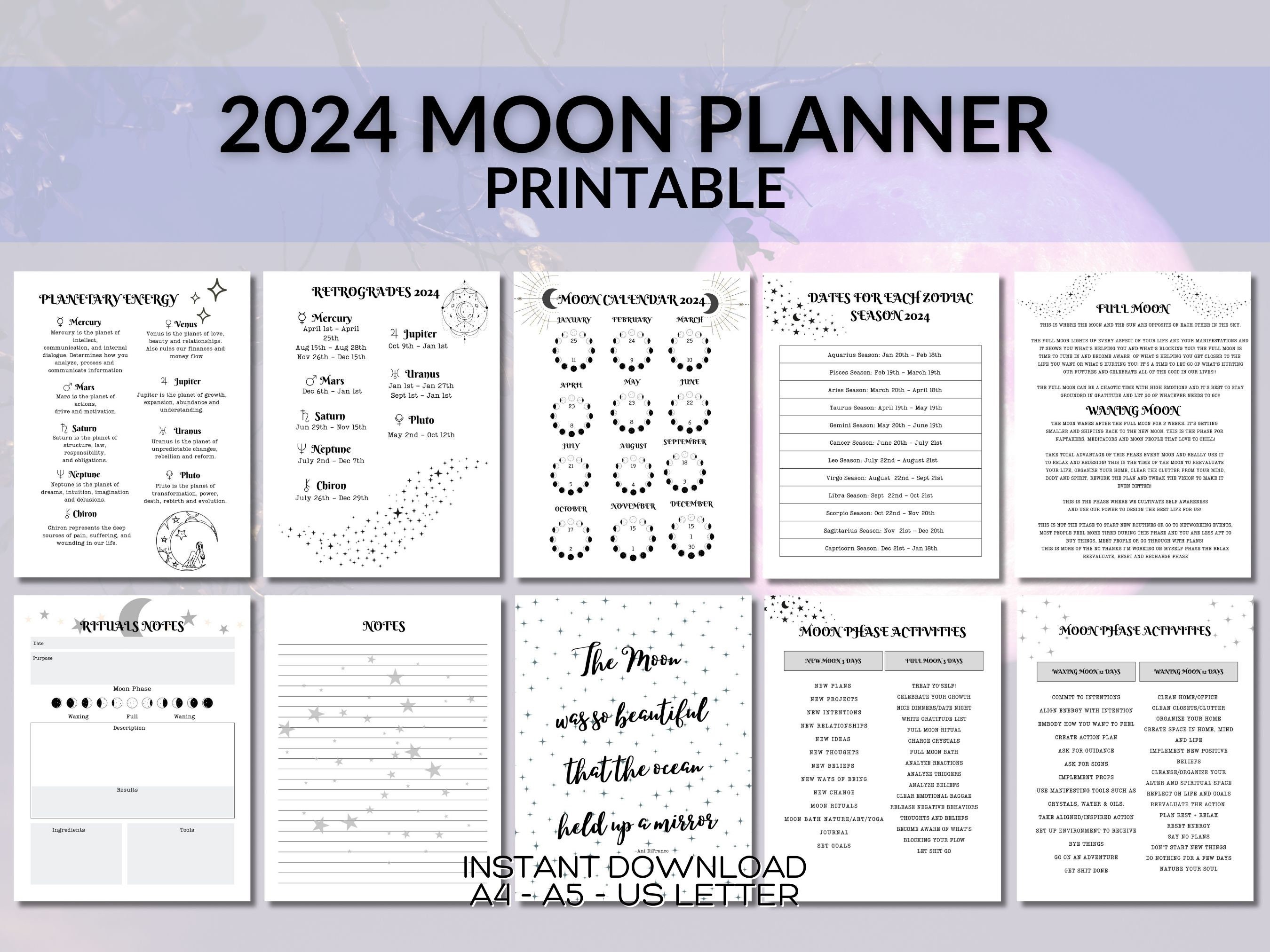 Printable 2024 Moon and Astrology Planner Full Moon New Moon - Etsy Canada