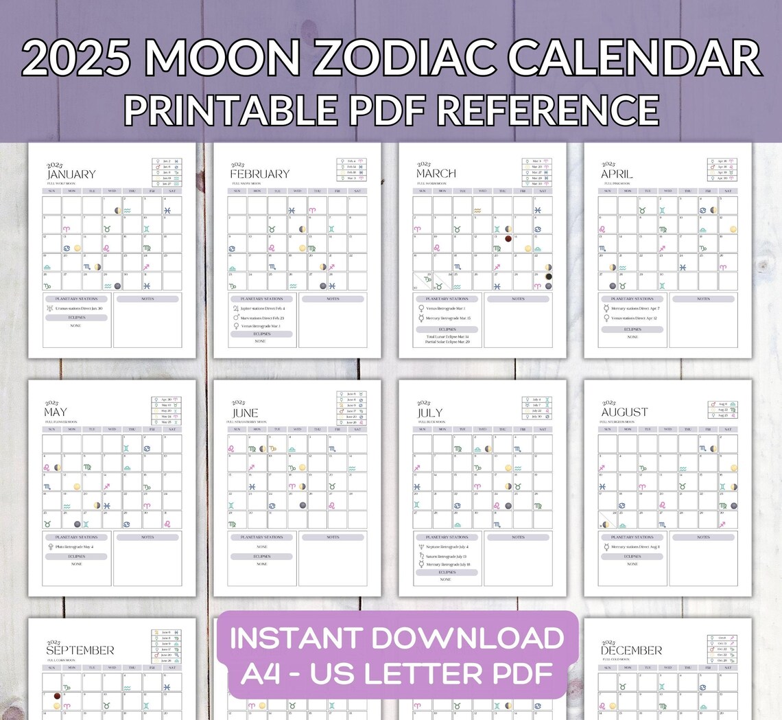 2025 Mondkalender, Printable, Sofortiger Download PDF, Mondkalender und ...