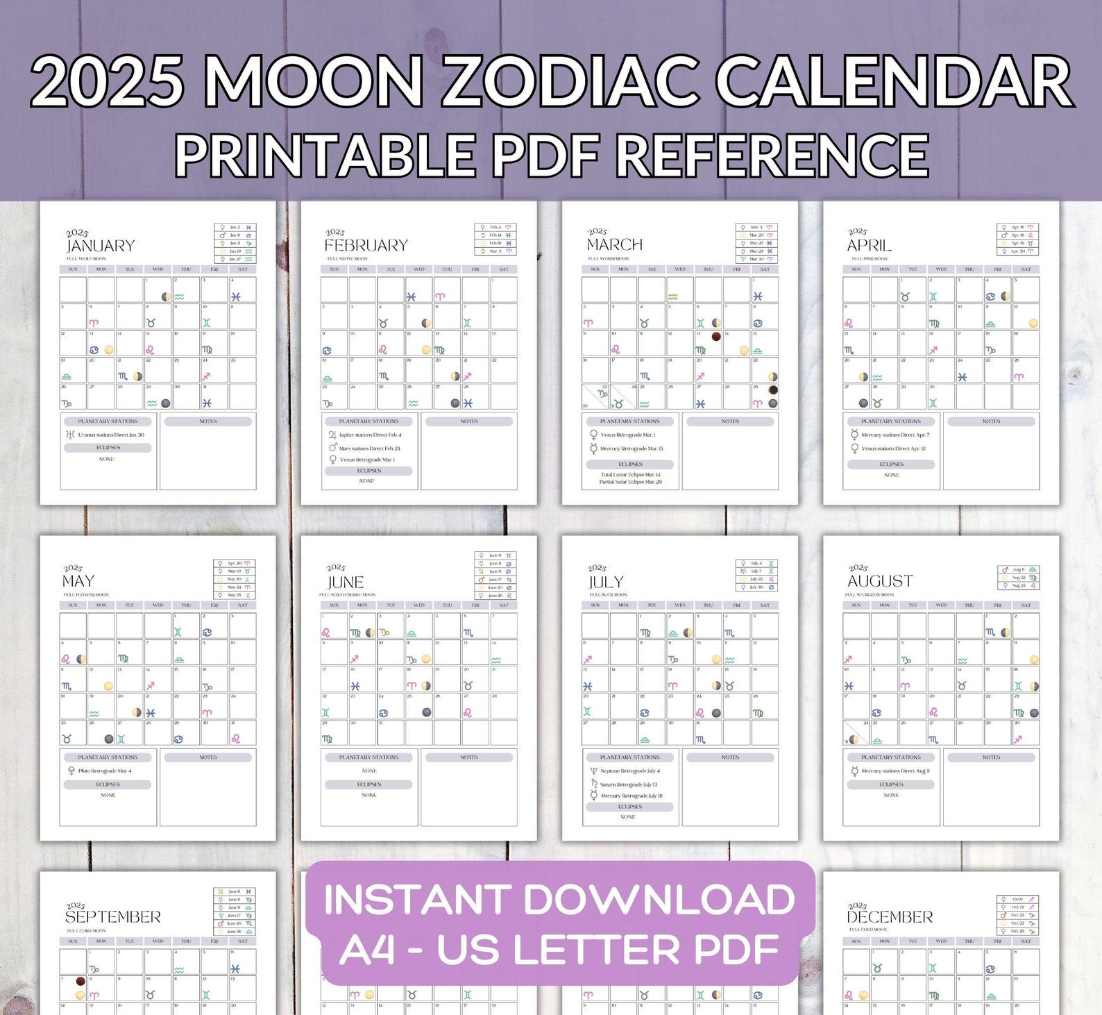 2025 Mondkalender, Printable, Sofortiger Download PDF, Mondkalender und ...