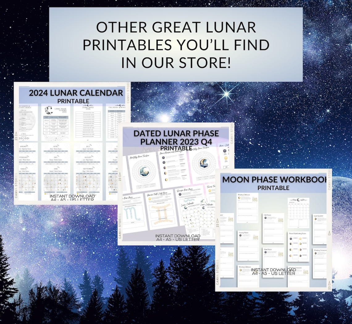 2024 Moon Calendar, Printable Instant Download PDF, Colourful Lunar and ...