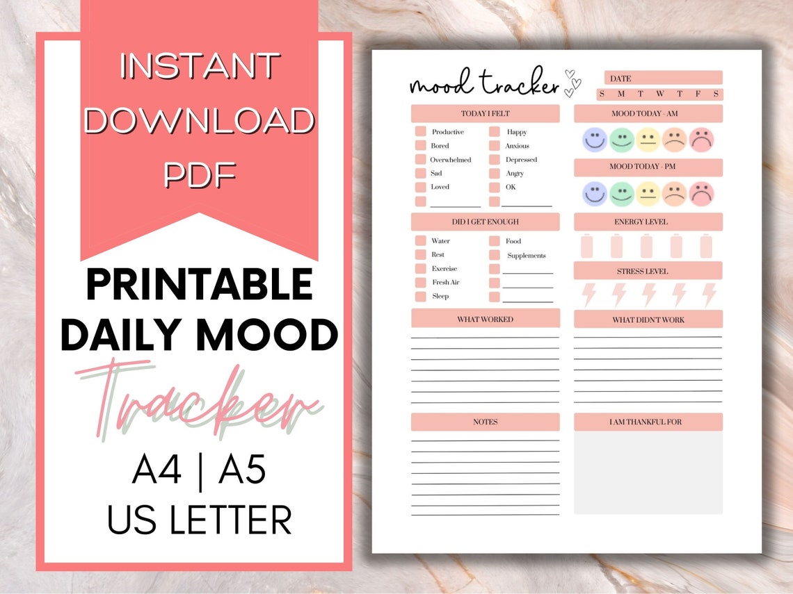 Daily Mood Tracker Printable Mental Health Journal Self Care Planner ...