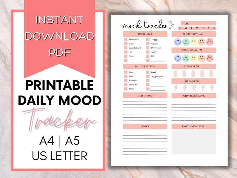 Daily Mood Tracker Printable Mental Health Journal Self Care Planner ...