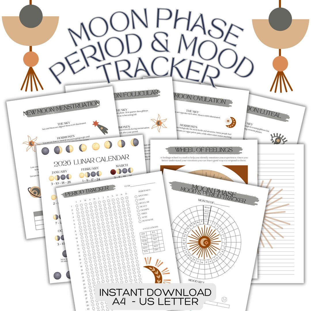 Boho Moon Phase Period & Mood Tracker Printable (PDF) With 2026 Lunar ...