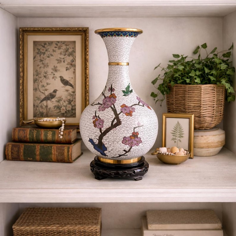 Vintage Cloisonné Vase Chinese Enamel Brass Floral Decor Display Shelf ...
