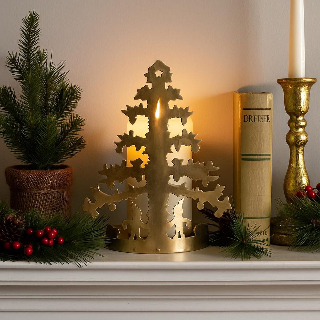 Vintage Solid Brass Christmas Tree Candle Holder – Mid-century Holiday ...