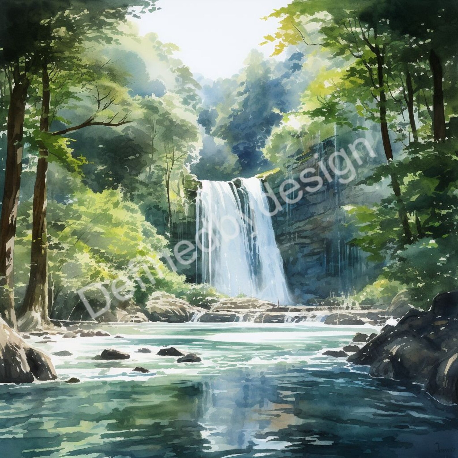 10 Watercolor Paintings of a Waterfall Flowing on Rocks 10 Abstract and ...