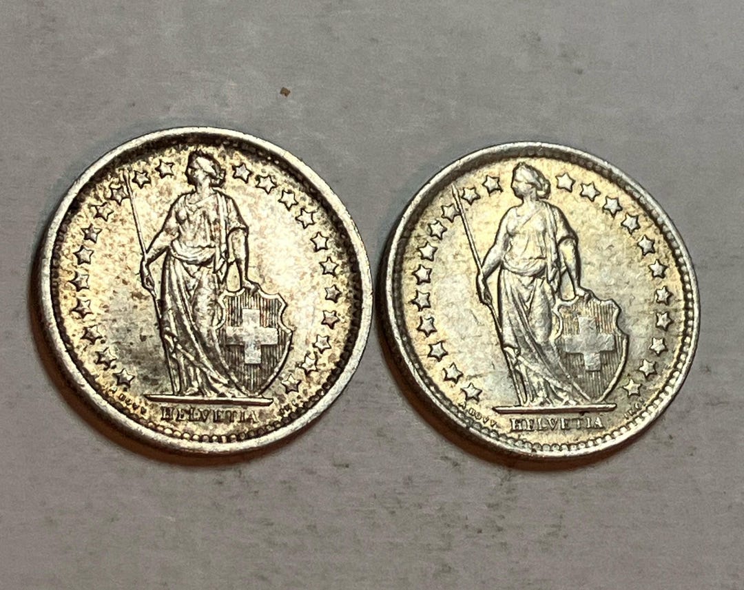 Two (2) Silver Swiss Half Franc Coins - Vintage 60-year-old .835 Coins ...