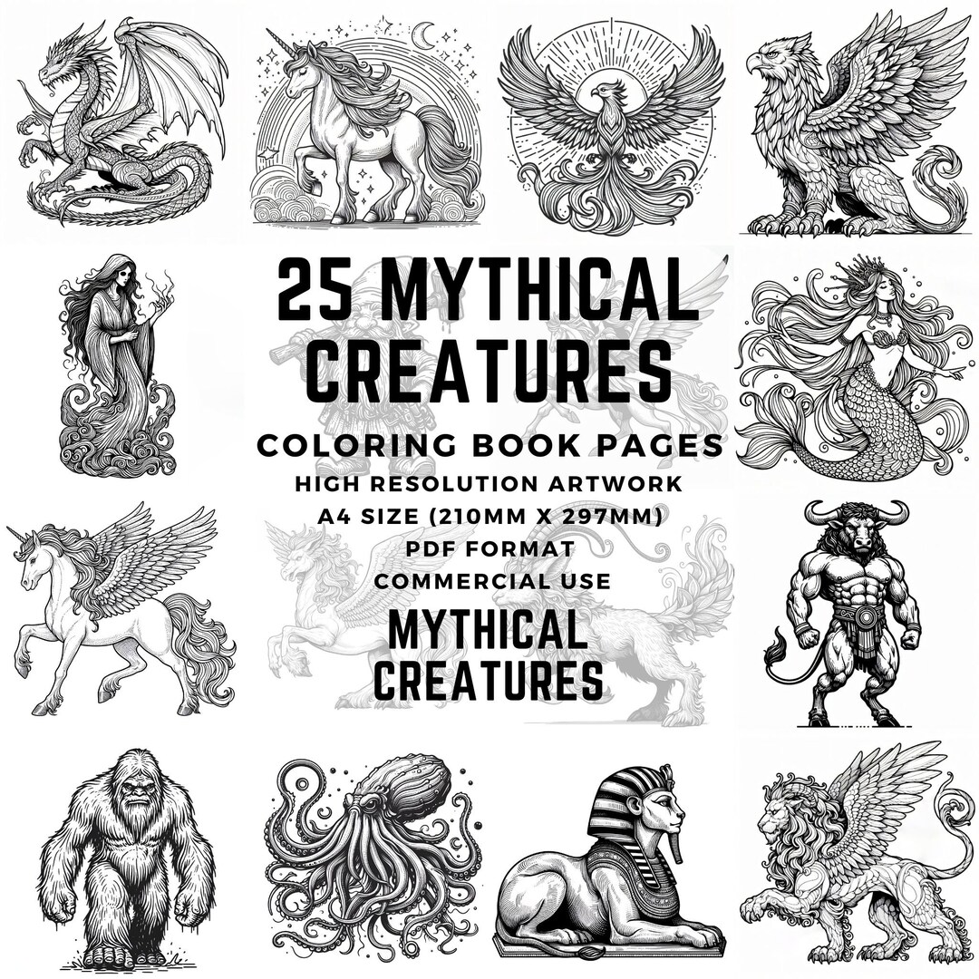 Mythical Creatures Coloring Book Pages, Adult Coloring Book, Printable ...