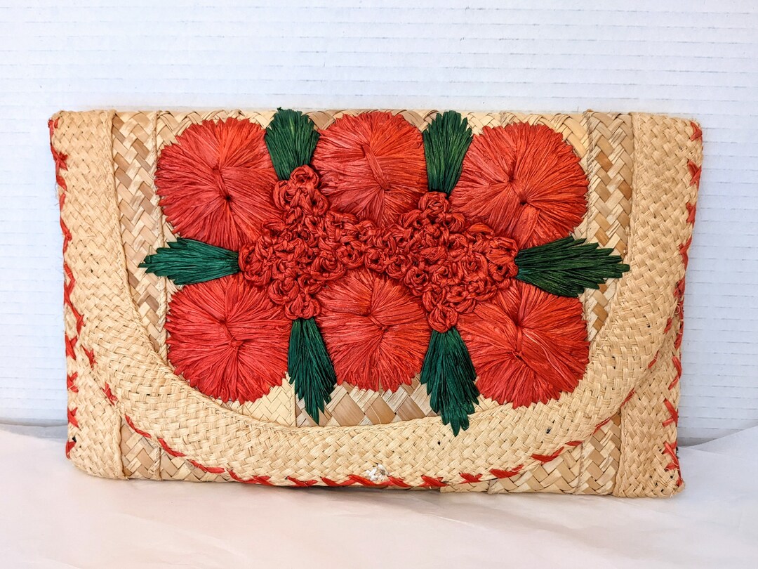 Vintage Woven Straw Clutch Raffia Flower Detail Envelope Style - Etsy