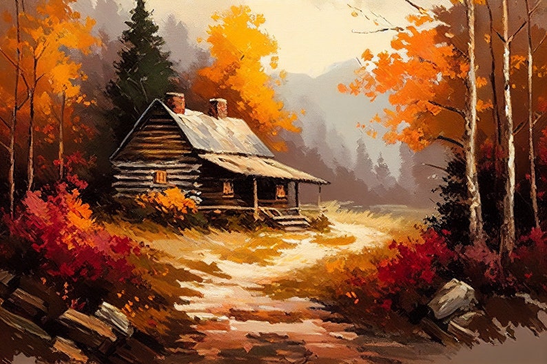 Autumn Rustic Charm Digital Print 3:2 Log Cabin Painting Digital Print ...