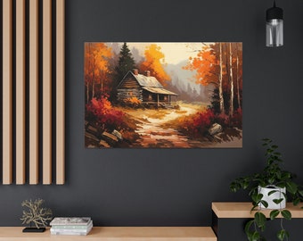 Autumn Rustic Charm Digital Print 3:2 Log Cabin Painting Digital Print ...