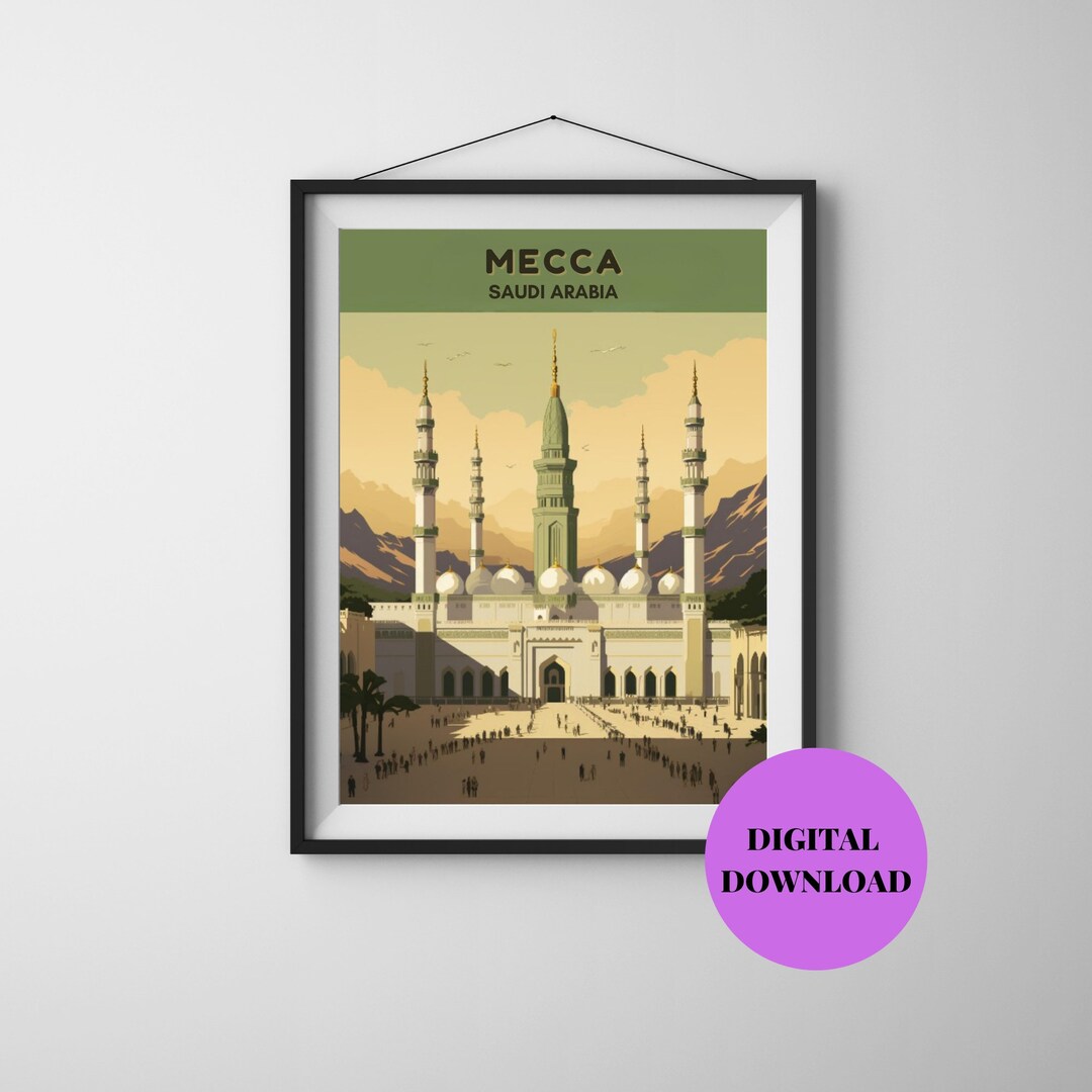 Mecca Print, Saudi Arabia Skyline Wall Art, Retro Travel Poster, Saudi ...