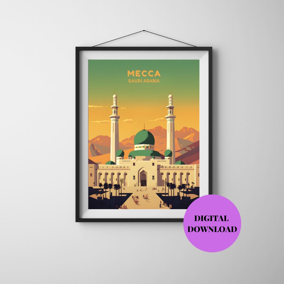 Mecca Print, Saudi Arabia Skyline Wall Art, Retro Travel Poster, Saudi ...