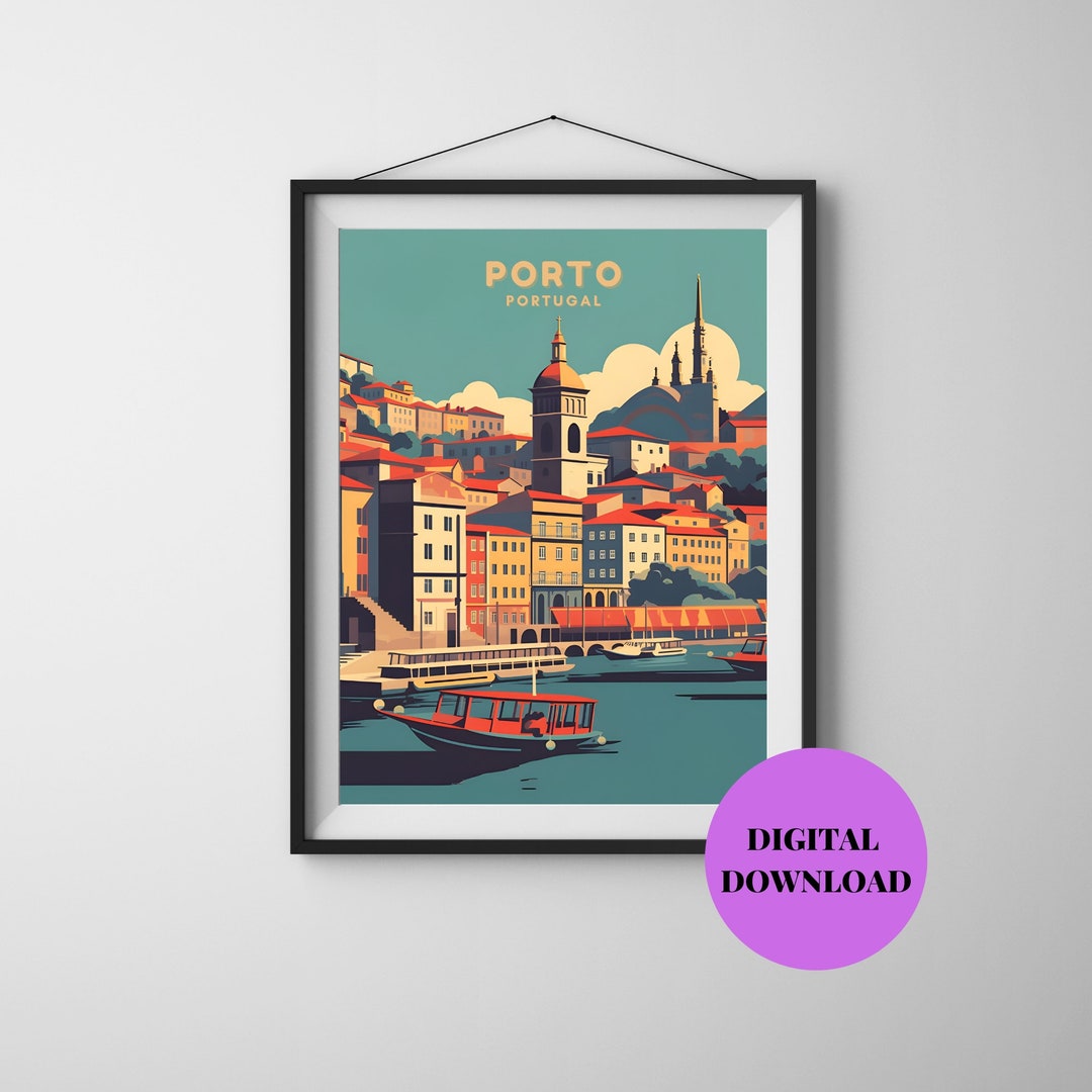 Porto Print, Portugal Skyline Wall Art, Retro Travel Poster, Portugal ...