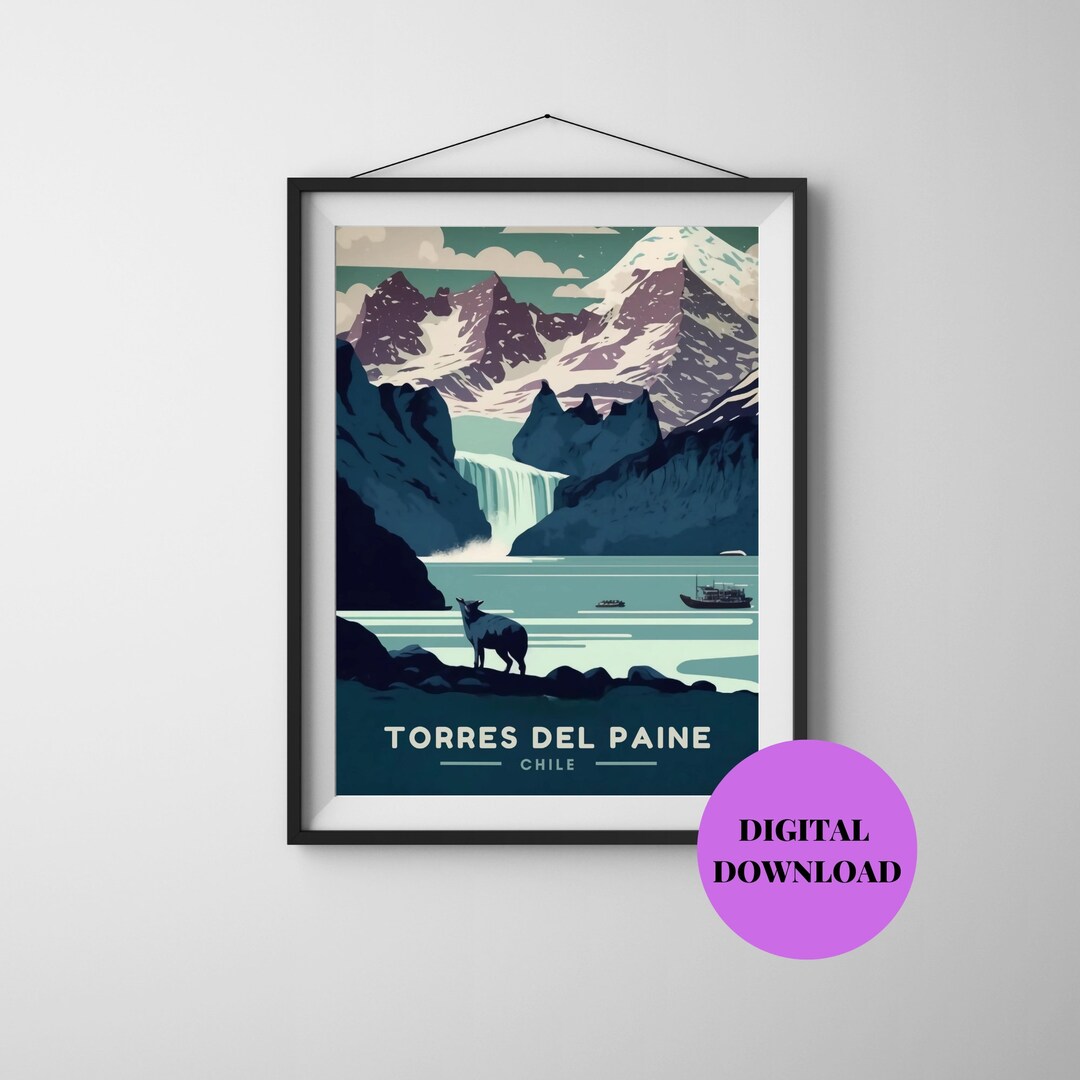 Torres Del Paine Print, Chile Skyline Wall Art, Retro Travel Poster ...