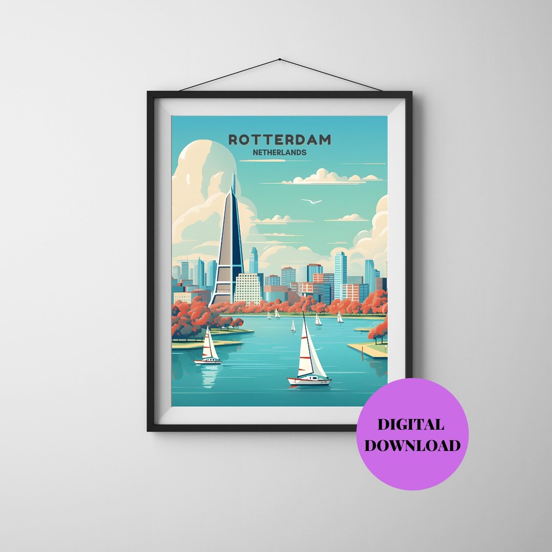 Rotterdam Print, Netherlands Skyline Wall Art, Netherlands Retro Travel ...