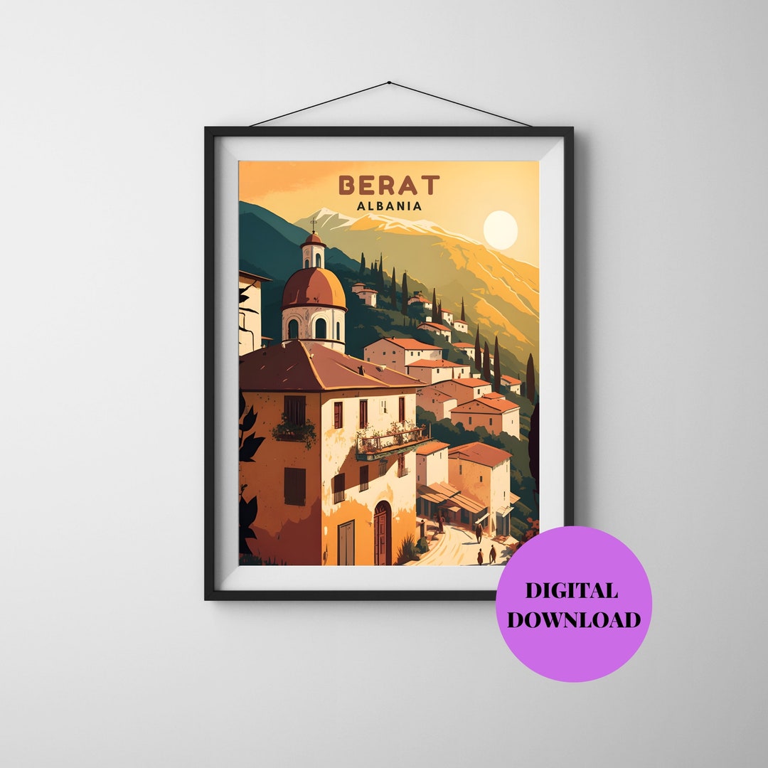 Berat Print, Albania Skyline Wall Art, Retro Travel Poster, Albania ...