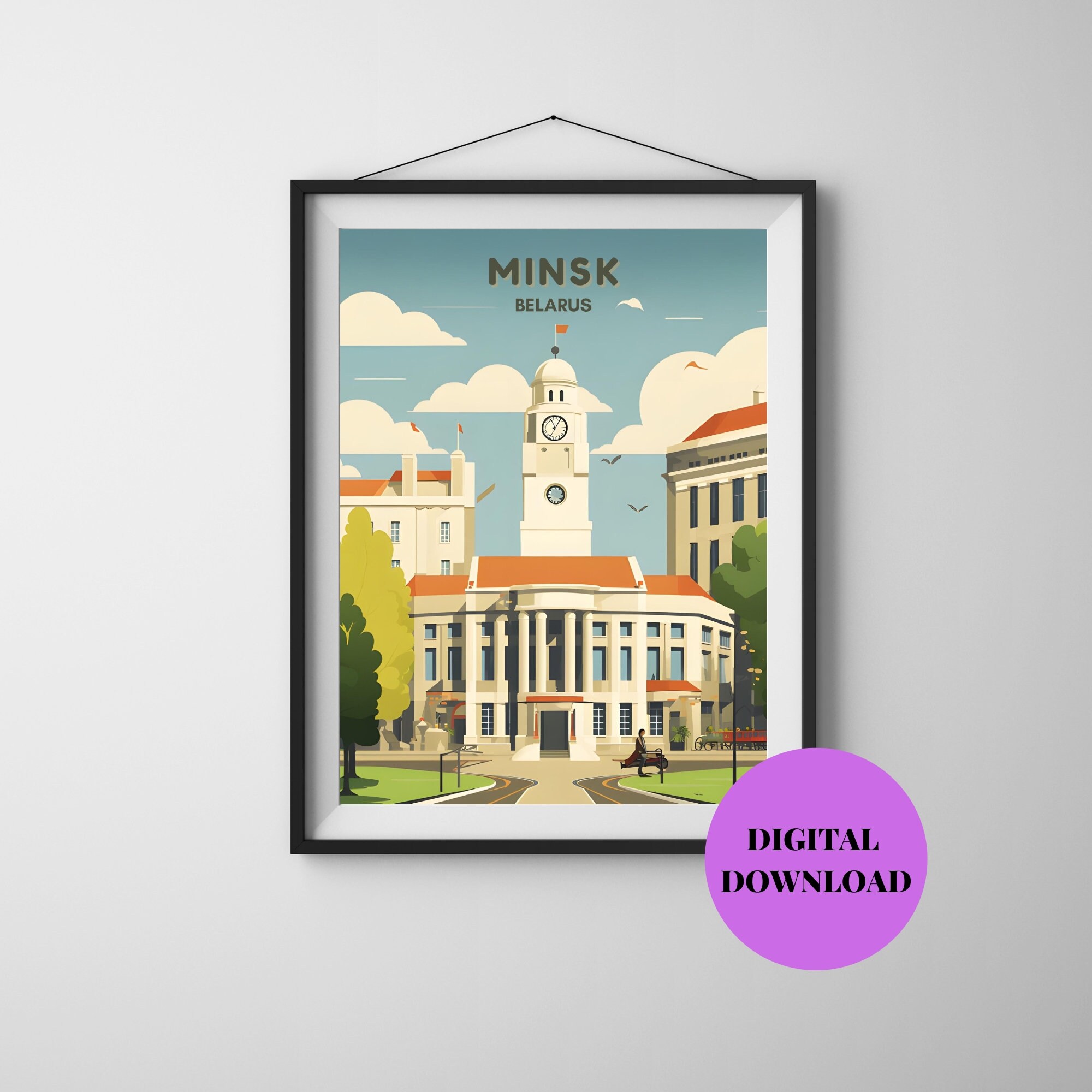 Minsk Print, Belarus Skyline Wall Art, Retro Travel Poster, Belarus ...