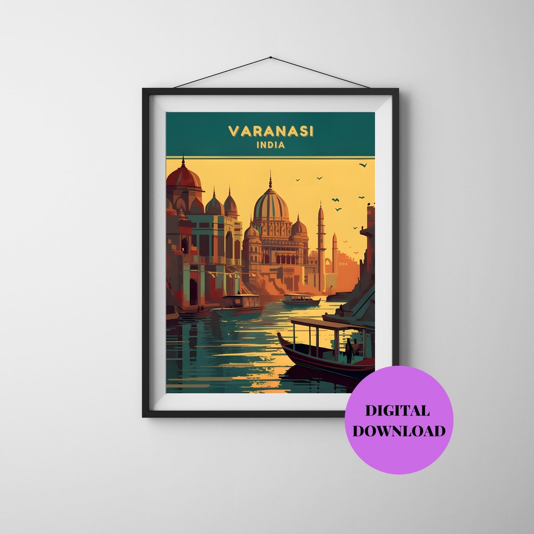 Varanasi Print, India Skyline Wall Art, Retro Travel Poster, India ...