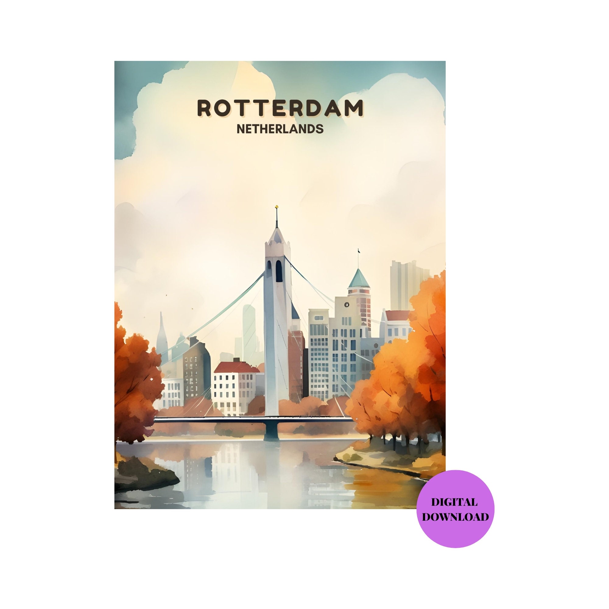 Rotterdam Print, Netherlands Skyline Wall Art, Netherlands Retro Travel ...