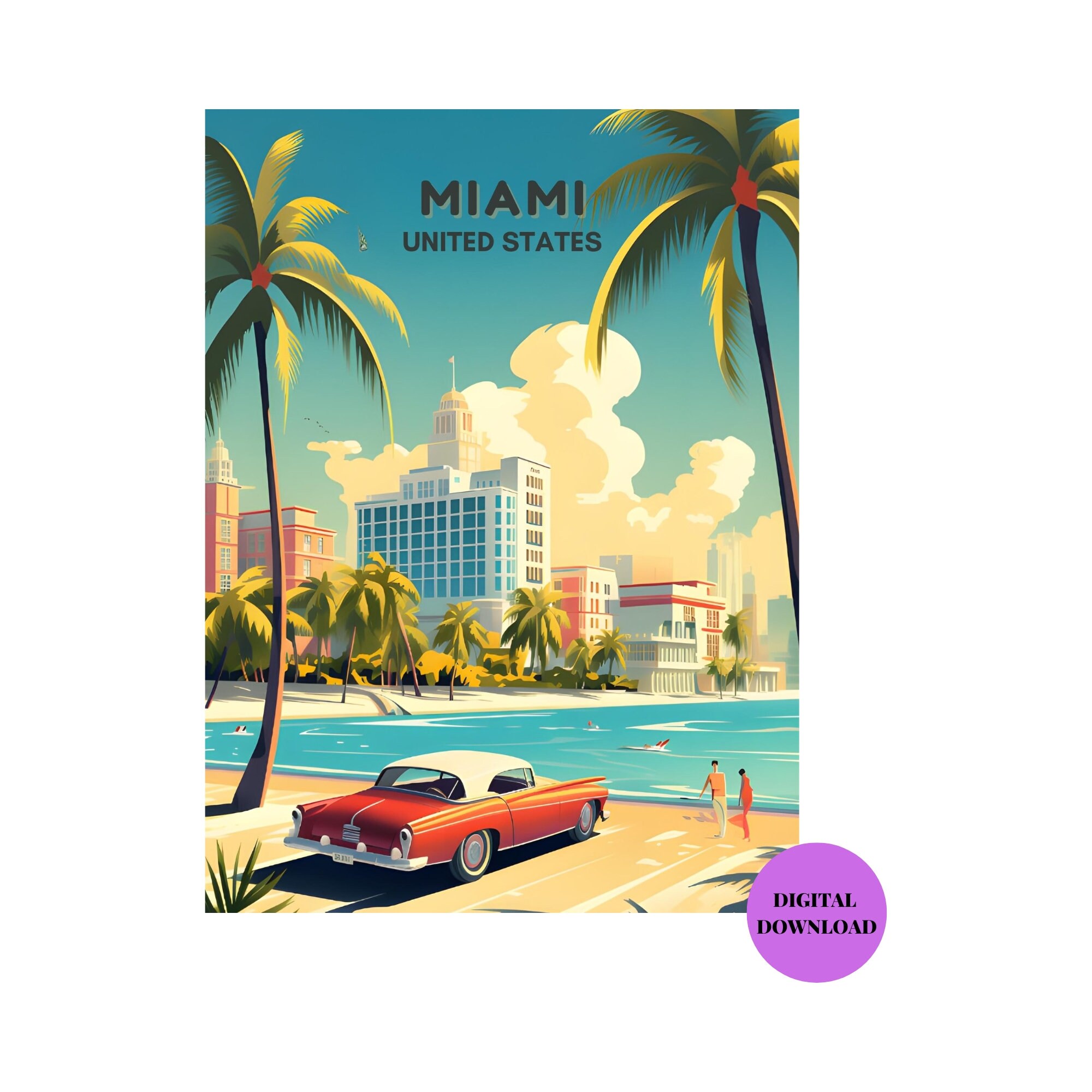 Miami Print, United States Skyline Wall Art, Retro Travel Poster, Miami ...