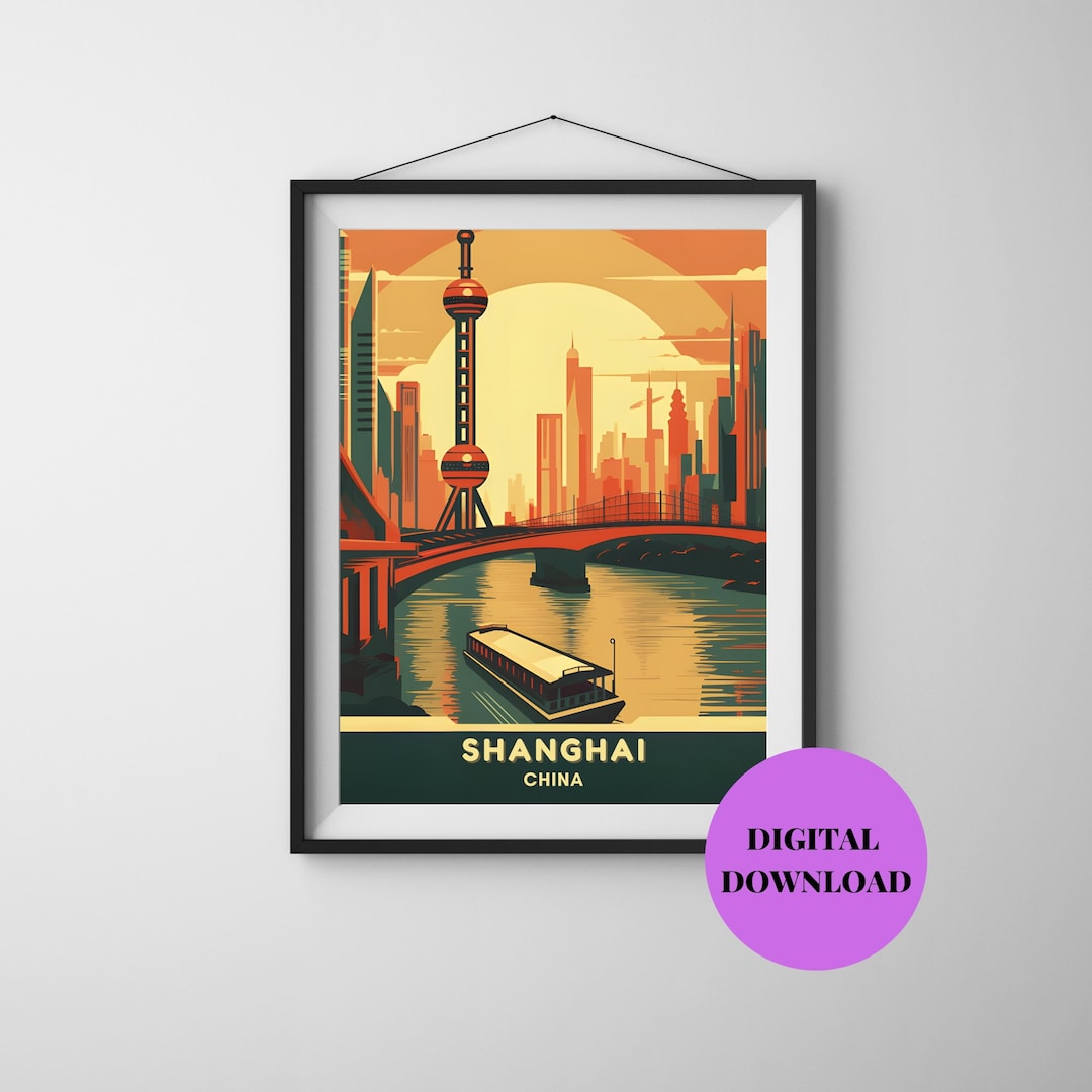 Shanghai Print, China Skyline Wall Art, Retro Travel Poster, China ...