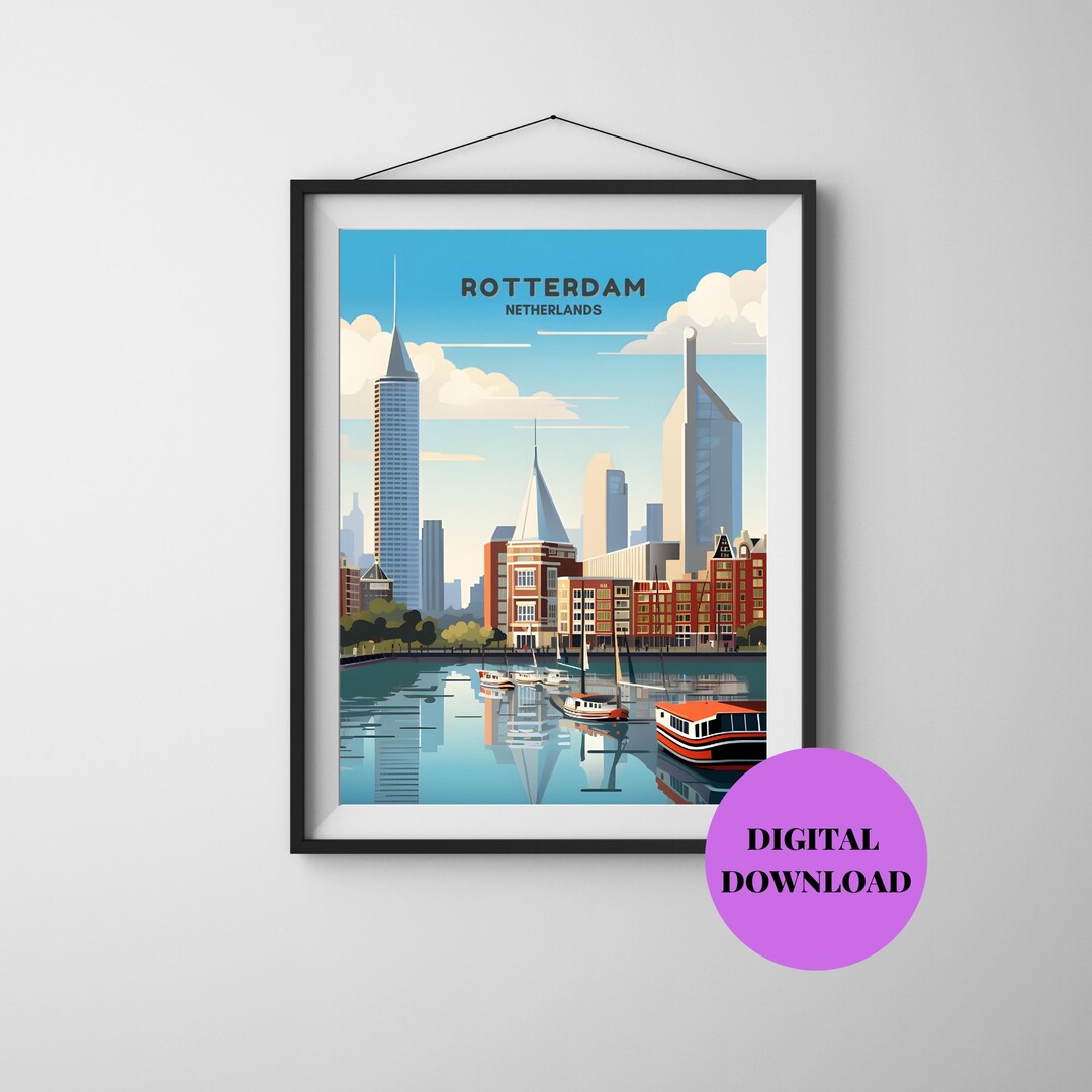 Rotterdam Print, Netherlands Skyline Wall Art, Netherlands Retro Travel ...