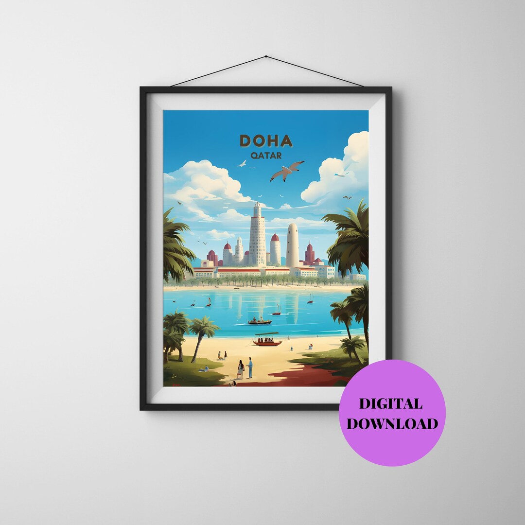 Doha Print, Qatar Skyline Wall Art, Qatar Retro Travel Poster, Qatar ...