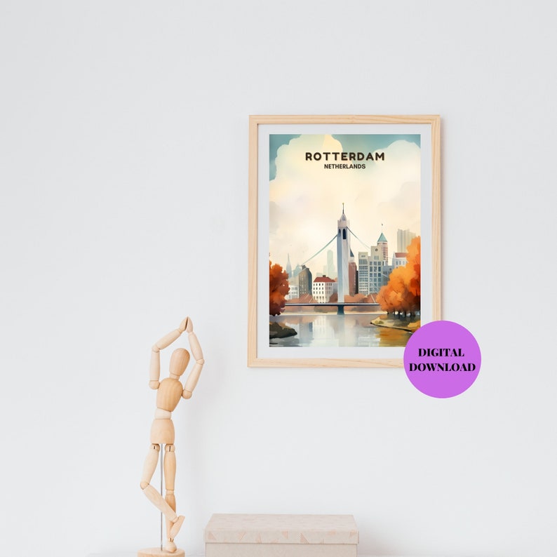 Rotterdam Print, Netherlands Skyline Wall Art, Netherlands Retro Travel ...