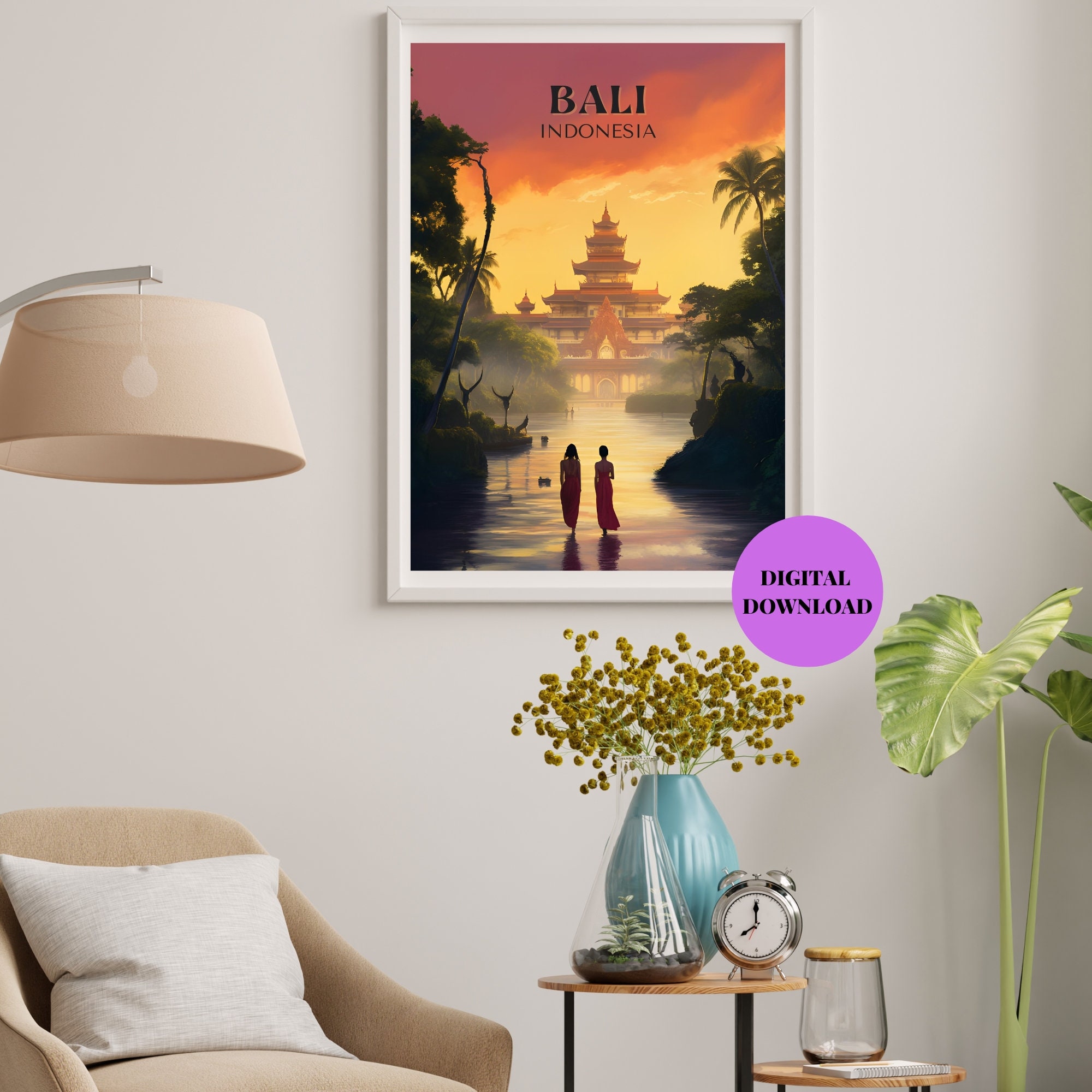 Bali Print, Indonesia Skyline Wall Art, Retro Travel Poster, Souvenir ...
