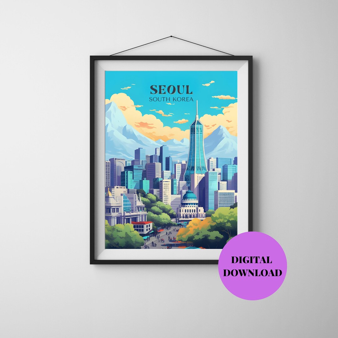 Seoul Print, South Korea Skyline Wall Art, Retro Travel Poster ...