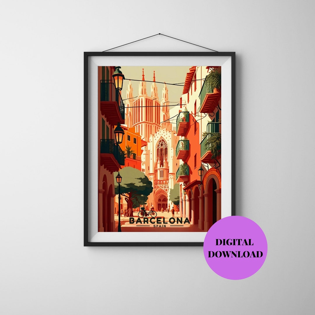 Barcelona Print, Barcelona Skyline Wall Art, Retro Travel Poster, Spain ...
