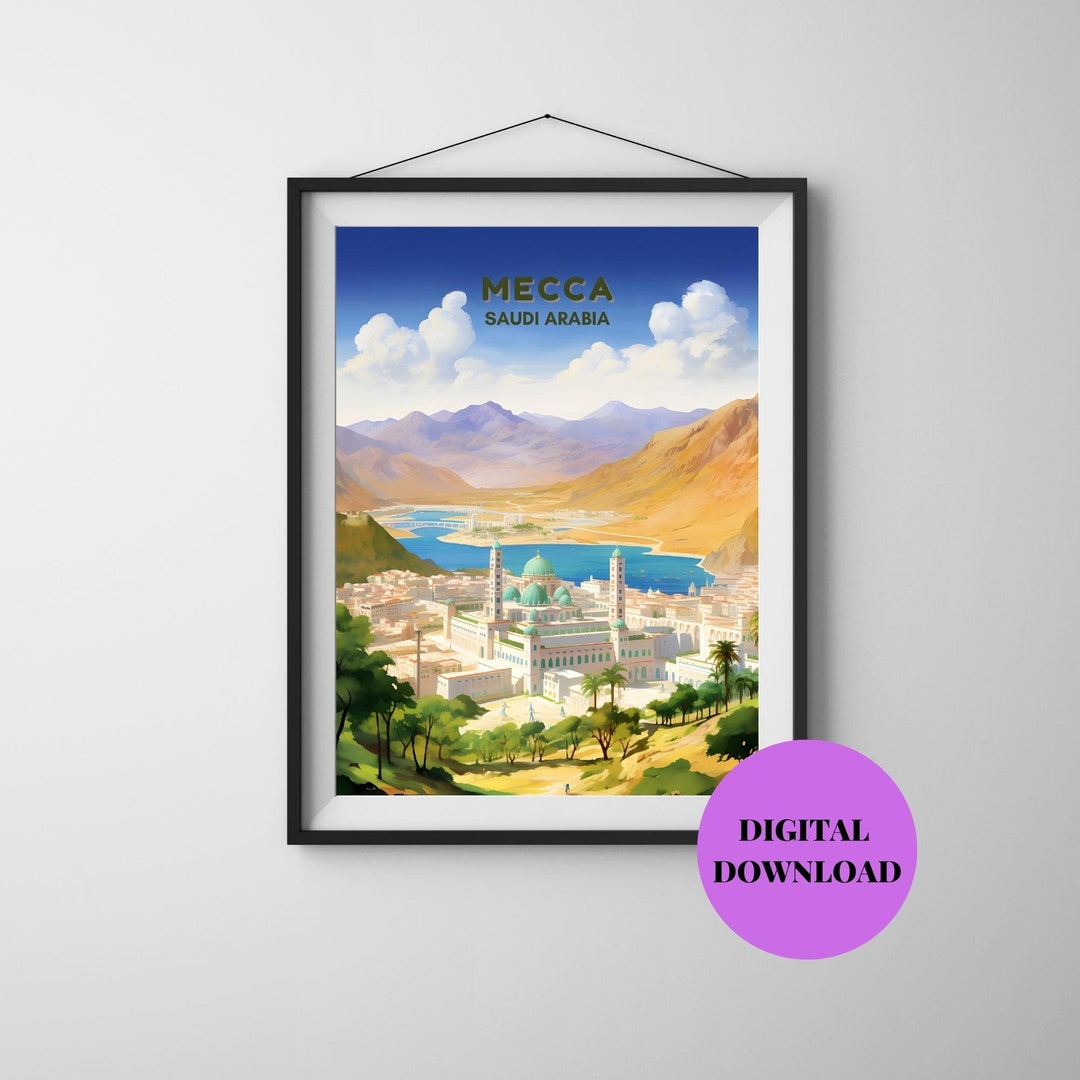 Mecca Print, Saudi Arabia Skyline Wall Art, Retro Travel Poster, Saudi ...